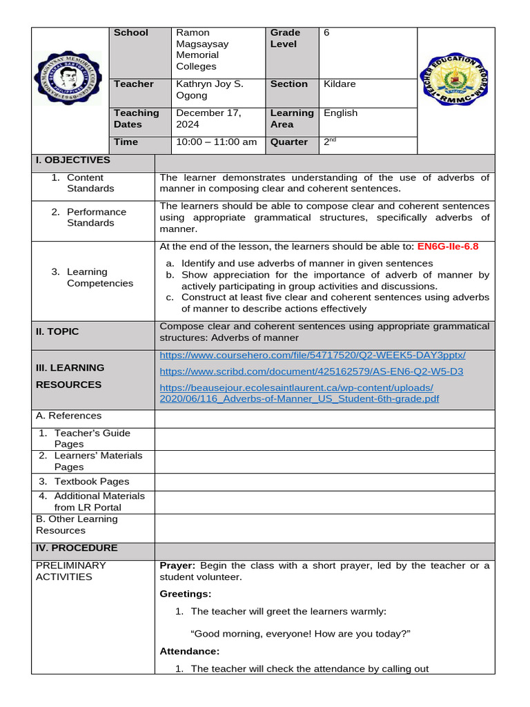 LESSON PLAN Adverbofmanner | PDF | Adverb | Verb
