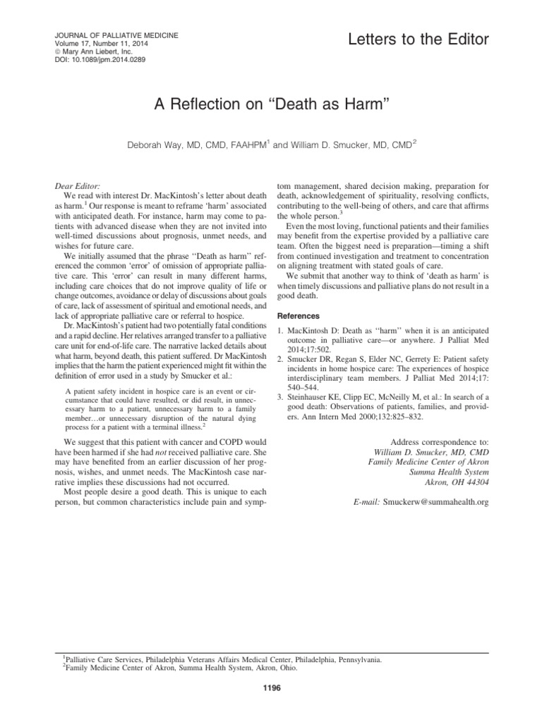 A Reflection on “Death as Harm” (Journal of Palliative Medicine, vol ...