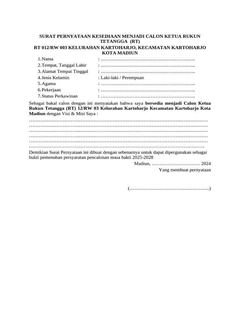 Formulir Pendaftaran Ketua RT 12 | PDF