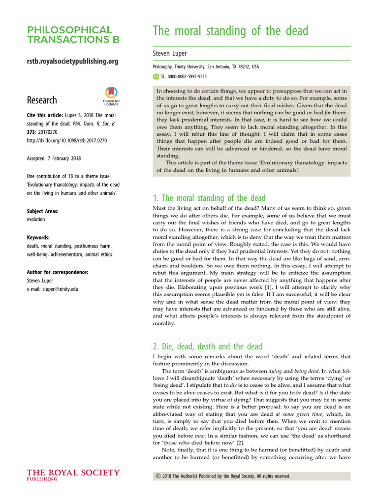 The moral standing of the dead (Philosophical Transactions Biological ...