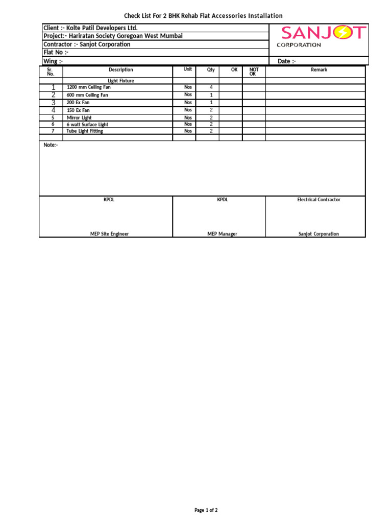 8 Rehab 3 BHK Flat Testing & Handover Check List(1) | PDF