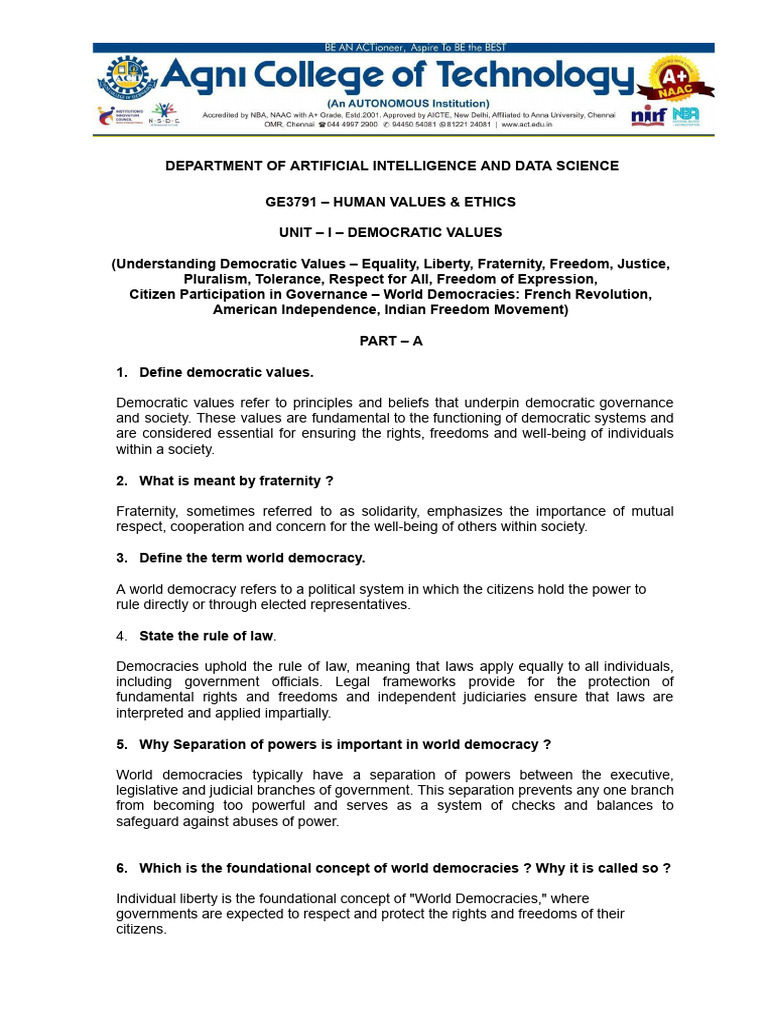 GE3791 - Human Values and Ethics - Question Bank | PDF | Secularism ...