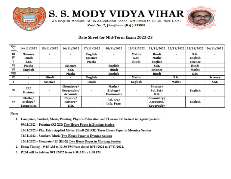 Date Sheet Mid Term Exam 2022 | PDF | Science