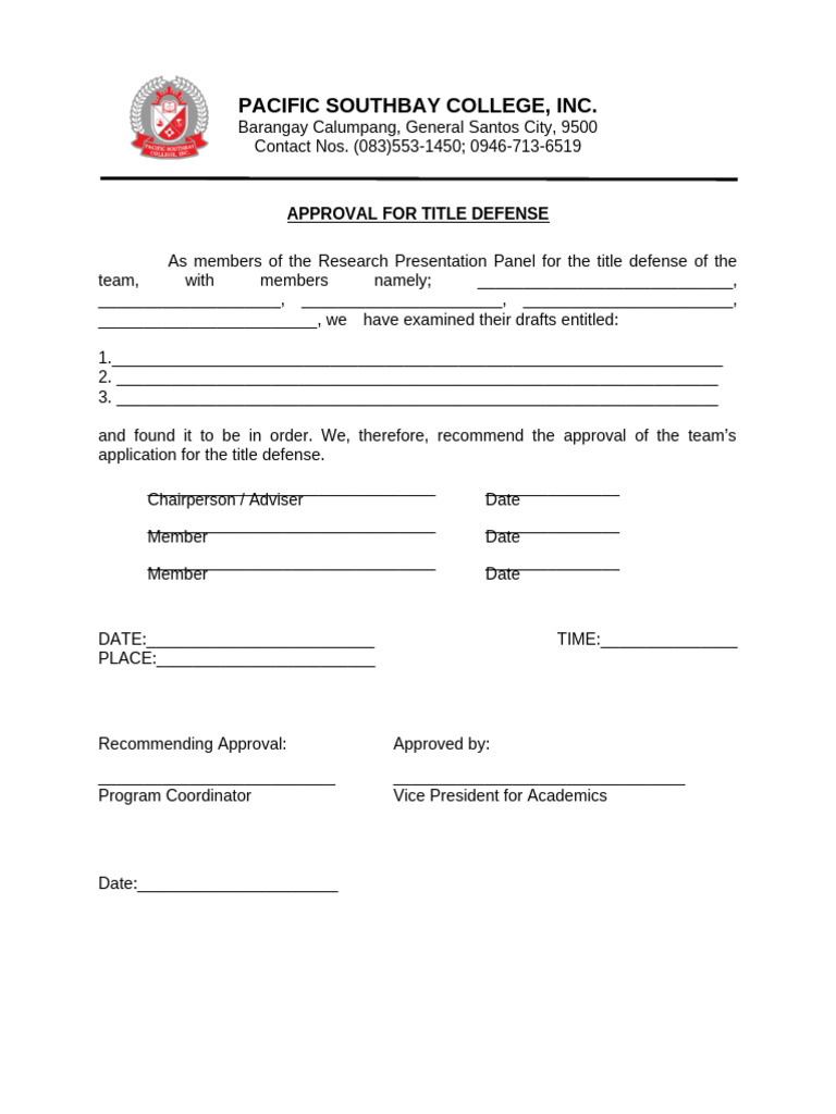 Approval for Research Title Defense | PDF