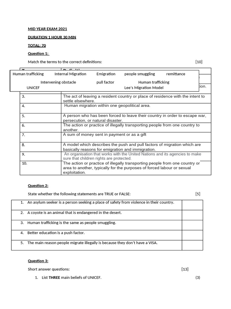 Mid Year Exam 2021 | PDF | Human Migration | Smuggling