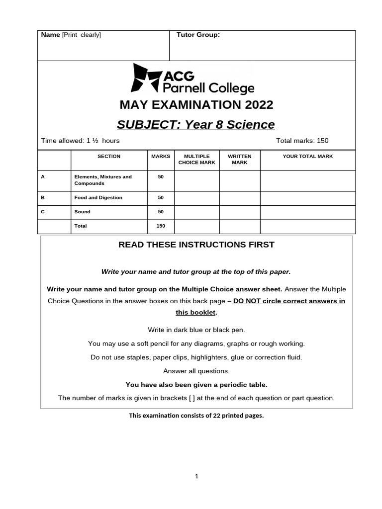 2022 Mid Year 8 Science Examination 4 | PDF | Atoms | Digestion