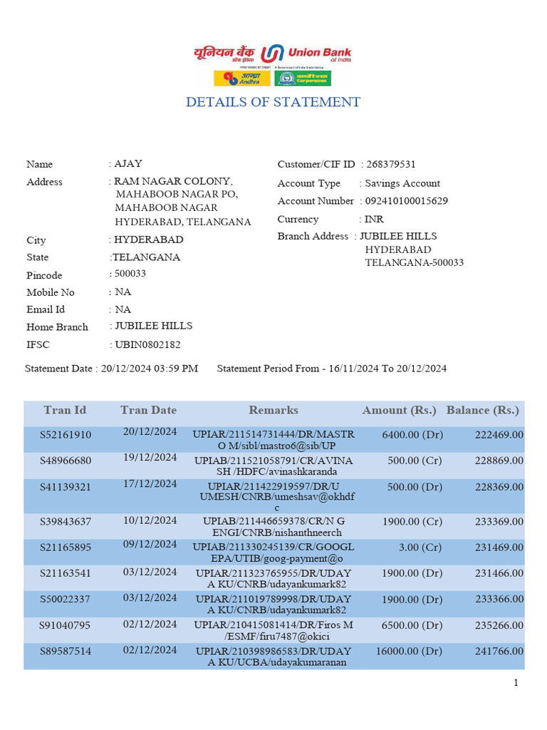 Union Bank Statement Details | PDF | Financial Markets | Banking