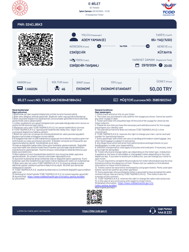 PNR: S24EL85K3: Yolcu Tarife | PDF