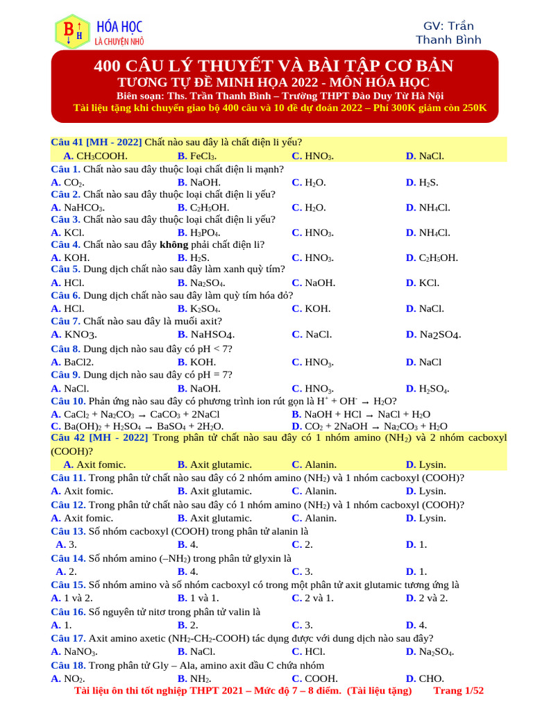 400 Cau Ly Thuyet Va Bai Tap Co Ban Tuong Tu de MH 2022. TTB - in | PDF