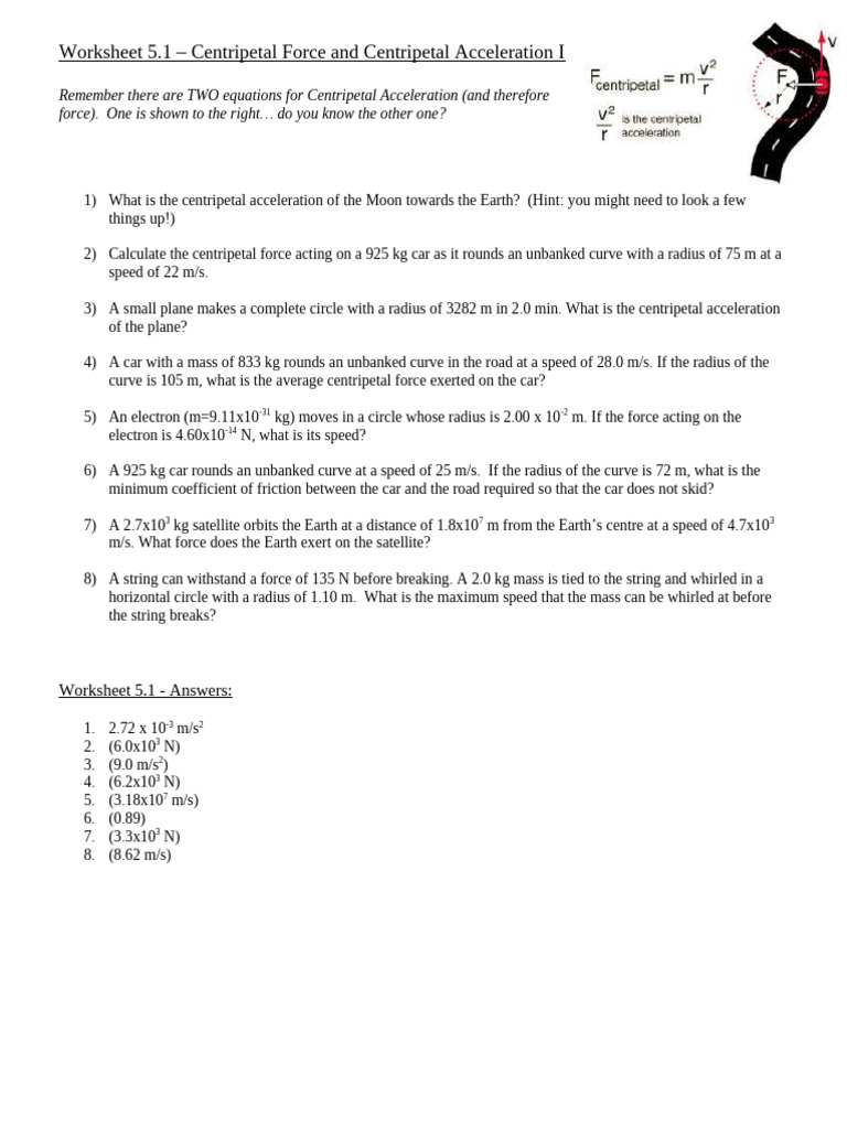 Unit 5 - Worksheet - 5.1 - Centripetal Force and Centripetal Acceleration I | PDF