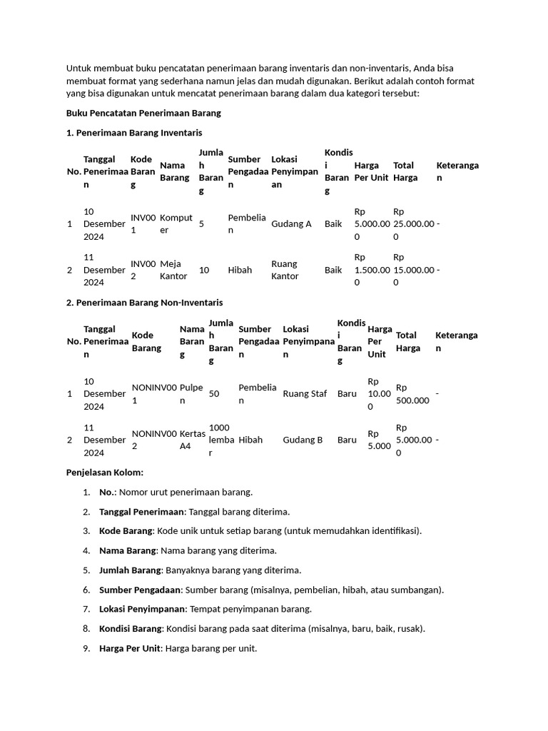 Format Buku Pencatatan Penerimaan Barang | PDF