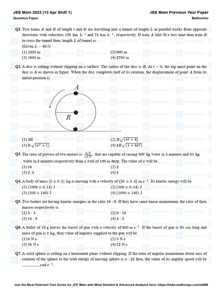 JEE Main 2023 (13 Apr Shift 1) Previous Year Paper With Answer Keys ...