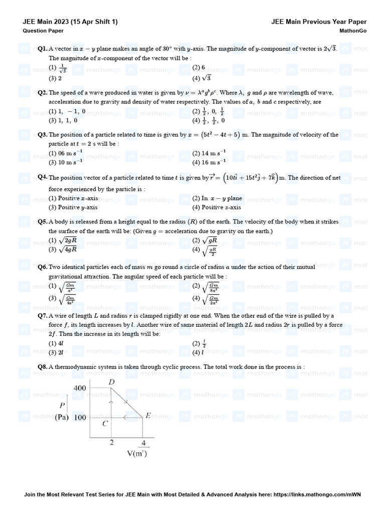 JEE Main 2023 (15 Apr Shift 1) Previous Year Paper with Answer Keys ...