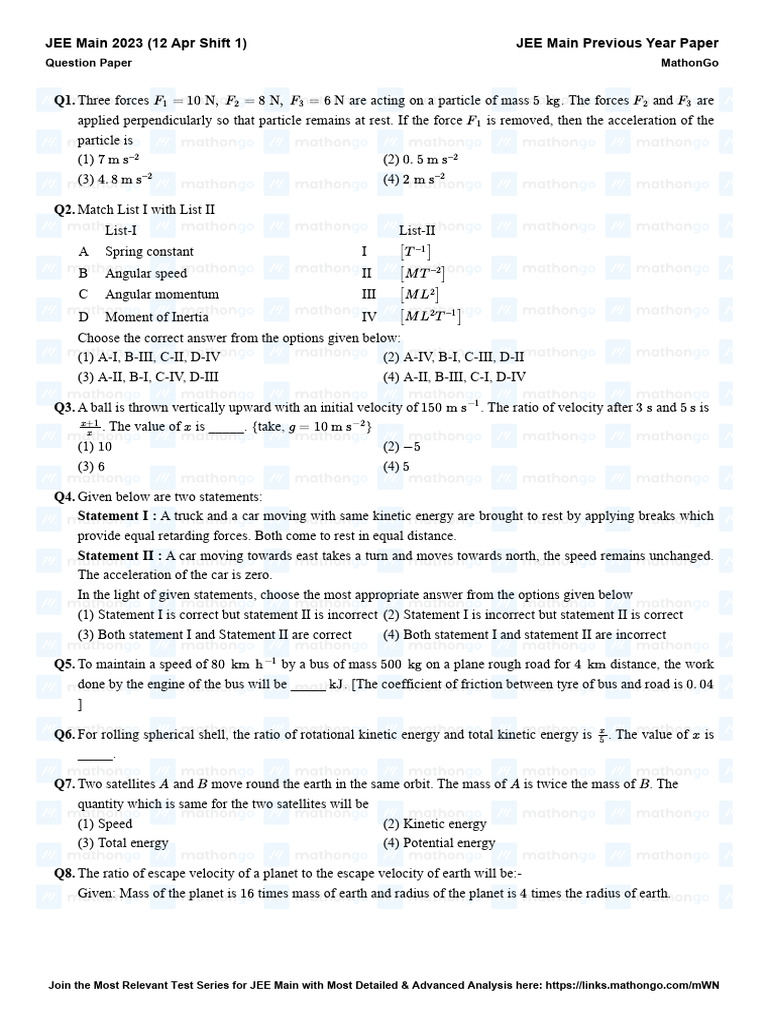 JEE Main 2023 (12 Apr Shift 1) Previous Year Paper With Answer Keys ...