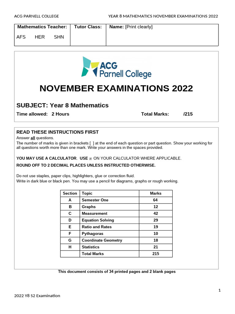 2022 Y8 Semester 2 Exam FINAL | PDF | Area | Mathematics