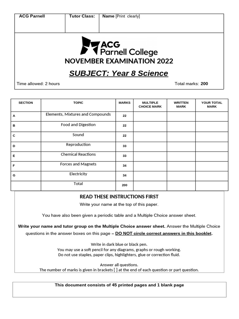 Year 8 Science FINAL EXAM NOV 2022 Marking Schedule 2 | PDF | Chemical ...