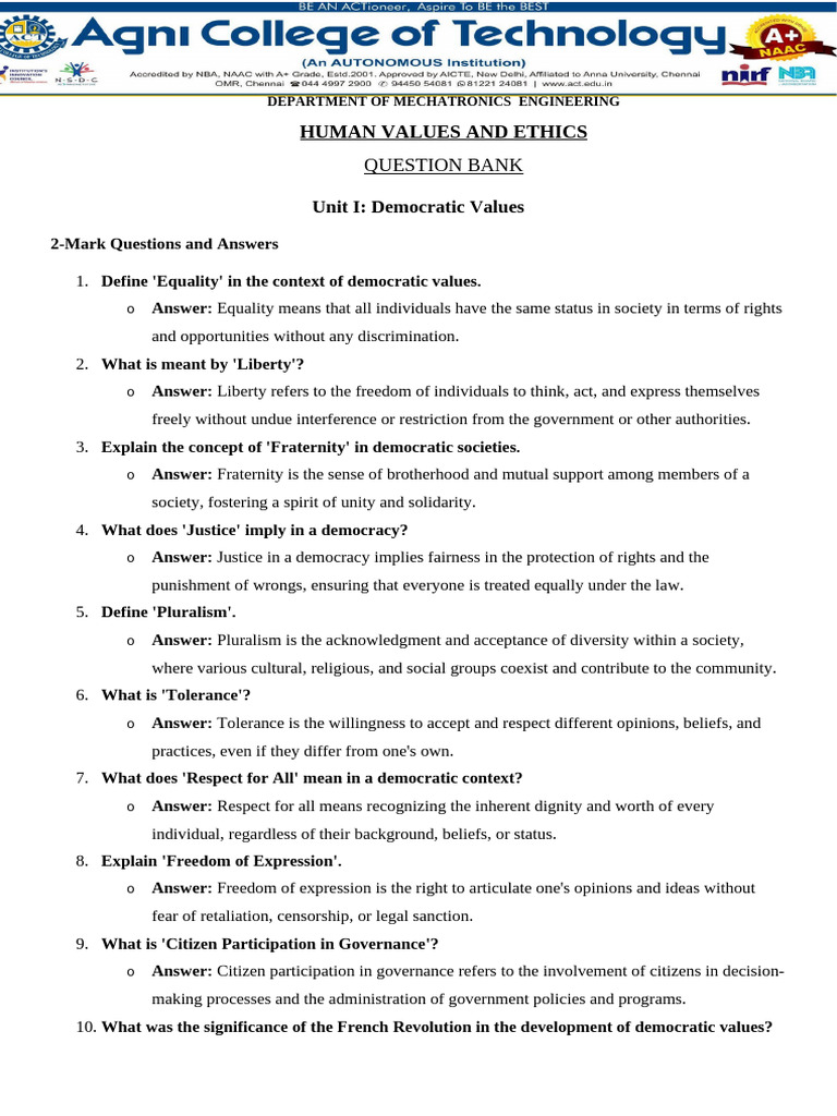 Human Values and Ethics QB Unit 1 2 Marks | PDF | Democracy | Political Ideologies