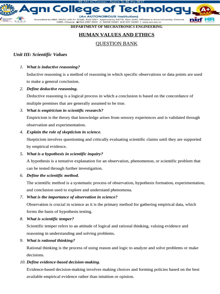 Human Values and Ethics Qb Unit 3 | PDF | Scientific Method | Experiment