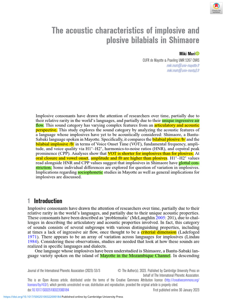 The Acoustic Characteristics of Implosive and Plosive Bilabials in ...