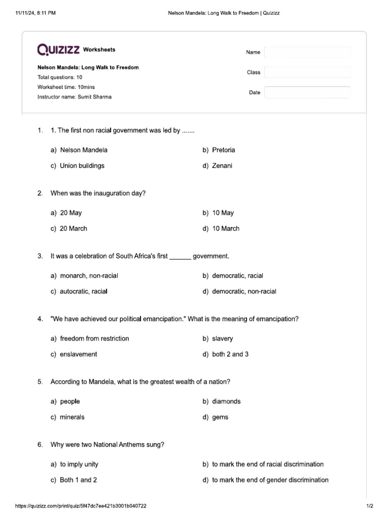 Chapter 2 Long Walk To Freedom Mcqs | PDF