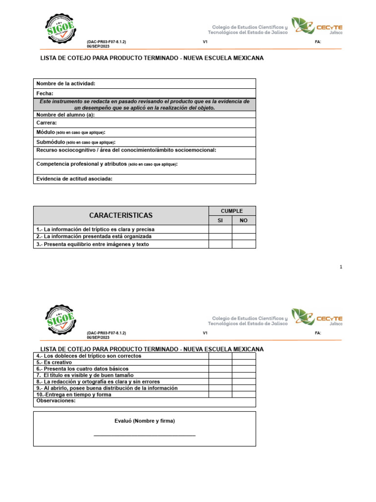 Lista de Cotejo Triptico | PDF