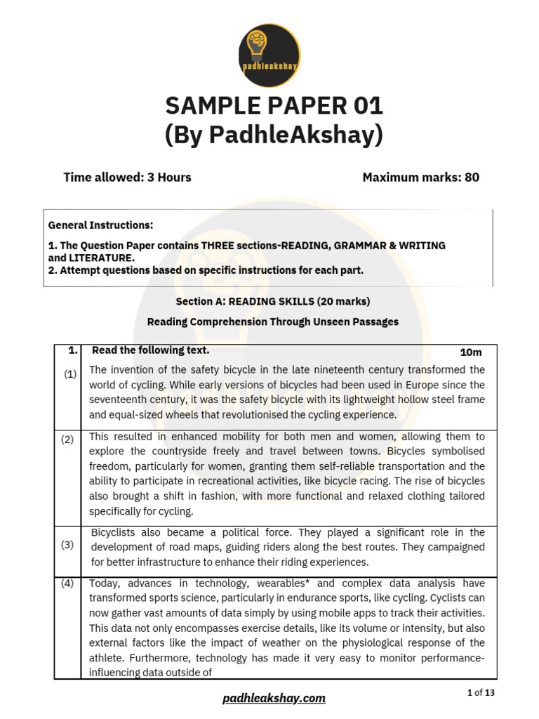 Sample Paper 01 (By Padhleakshay) : Time Allowed: 3 Hours Maximum Marks: 80 | PDF | Languages Of ...