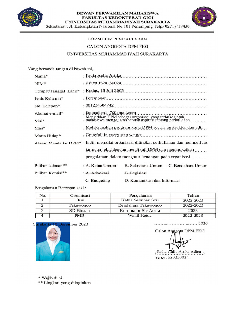 Formulir Pendaftaran Fadia Aulia Artika Adien | PDF