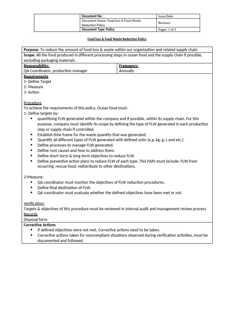 Food Loss & Waste Reduction Policy | PDF