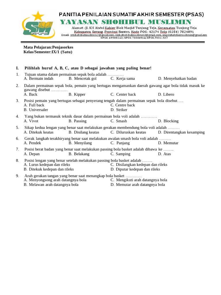 Soal Pas Pjok Kelas 9 | PDF