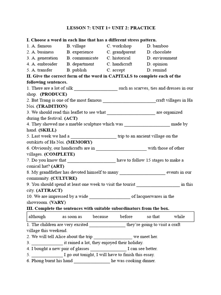 LESSON 7 - UNIT 1+ UNIT 2 - PRACTICE - Google Tài liệu | PDF