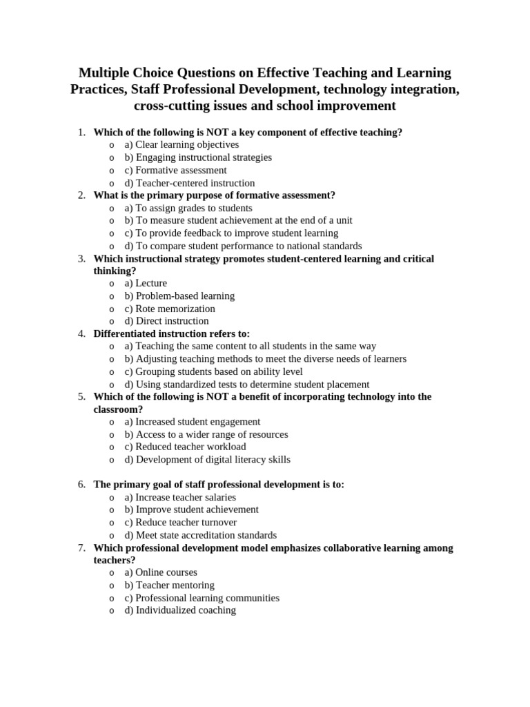 Effective Teaching MCQs for Educators | PDF | Teachers | Educational Assessment