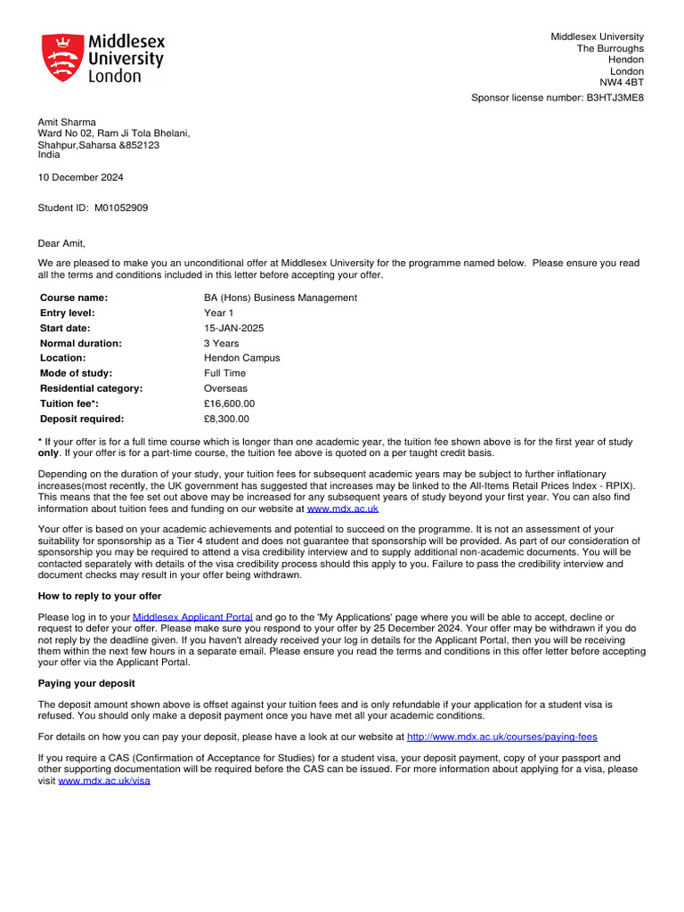 Offer Letter - Amit Sharma - M01052909 | PDF | Travel Visa | Fee