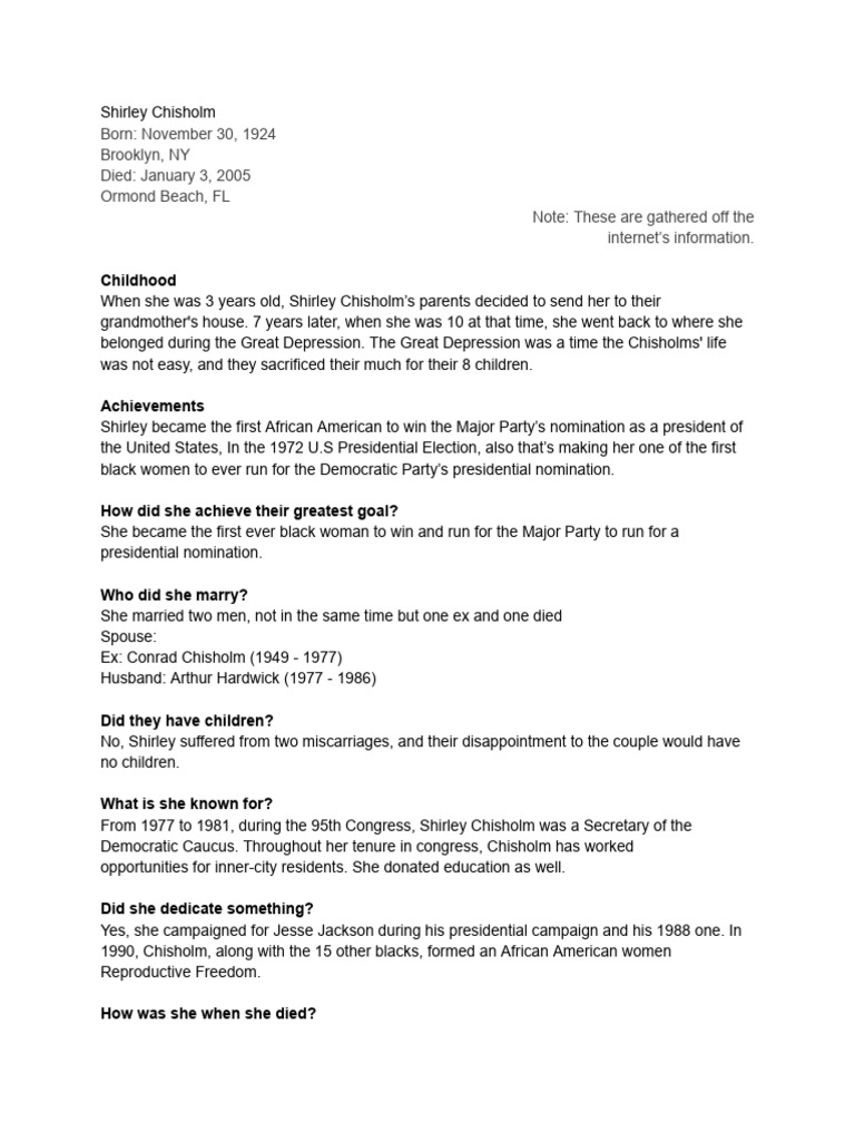 Shirley Chisholm: Trailblazing Politician | PDF