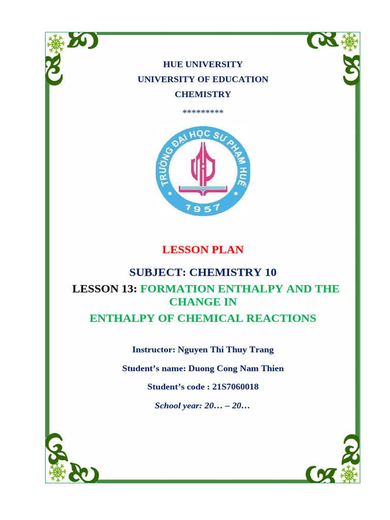 Duong Cong Nam Thien - Lesson Plan Chemistry 10 Lesson 13. Enthalpy Tạo ...