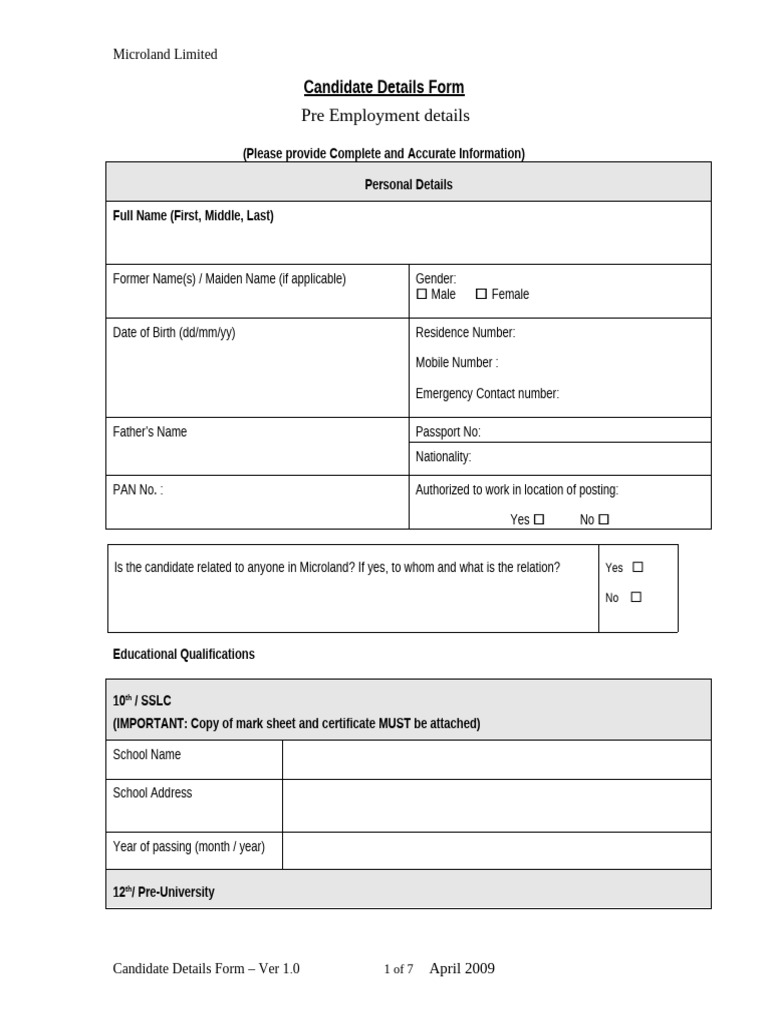 Candidate Details Form | PDF | Employment