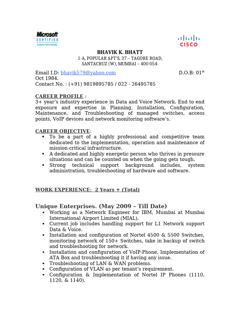 Resume Bhavik Netwok Engineer | PDF | Computer Network | Network Switch