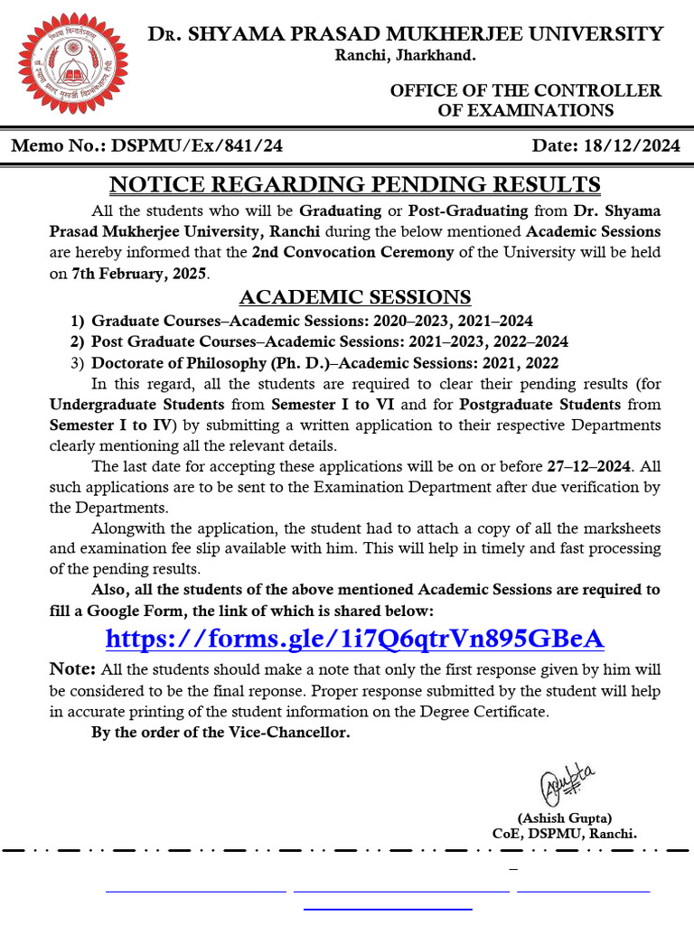 18.12.2024 - Students Notice - Pending Results | PDF
