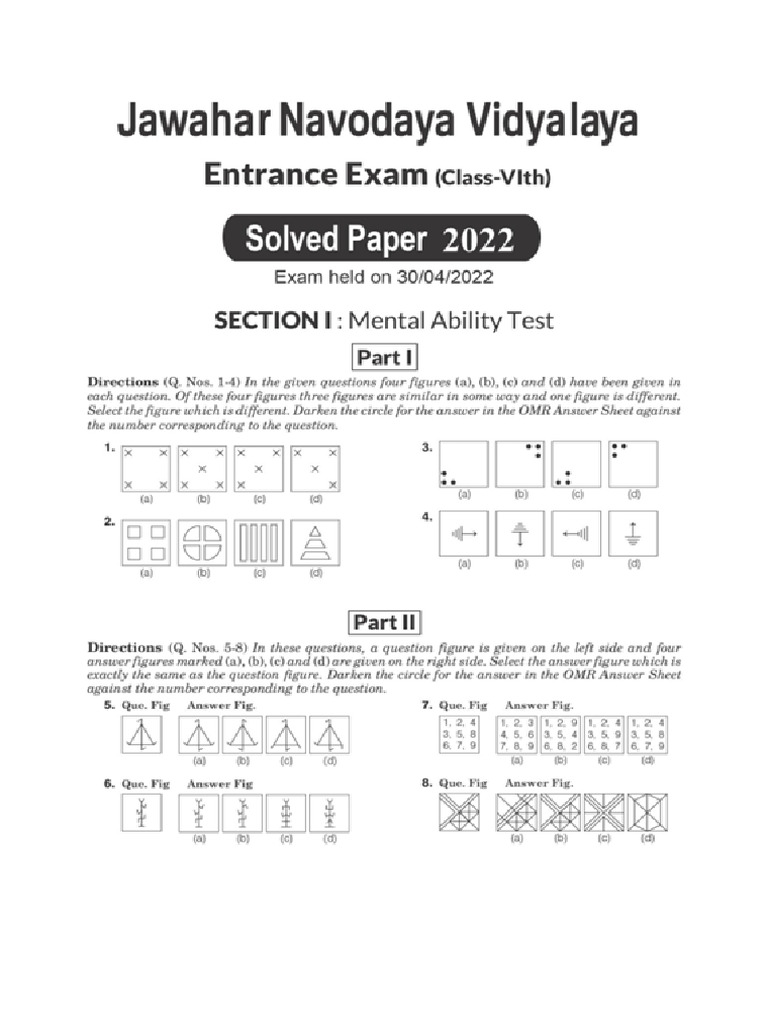 1.navodaya Vidyalaya Question Paper 2022 Class 6 With Solutions PDF | PDF