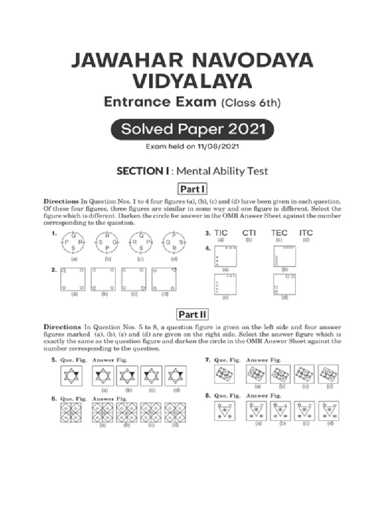 3.navodaya Vidyalaya Question Paper 2021 Class 6 With Solutions PDF | PDF