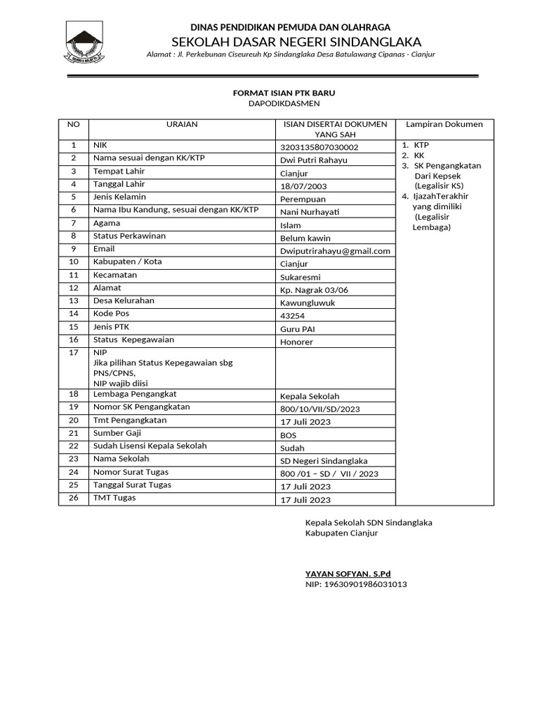 Format Isian PTK Baru | PDF
