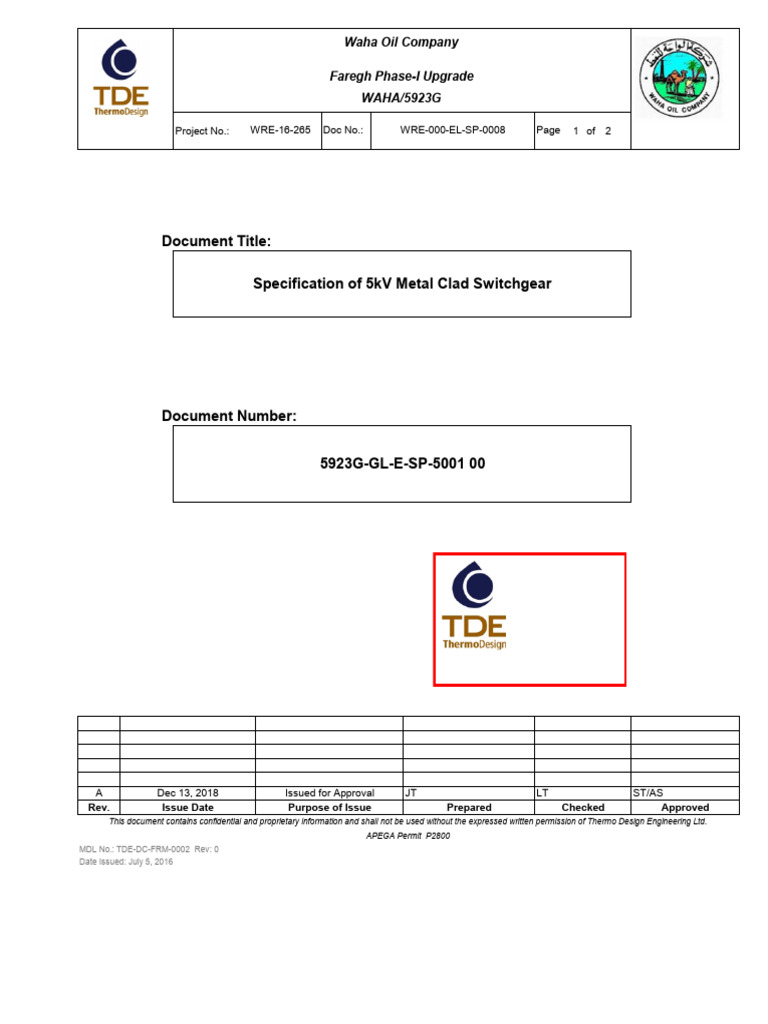 5923G-GL-E-SP-5001 00 RevA - Specification of 5kV Metal Clad Switchgear | PDF | Manufactured ...