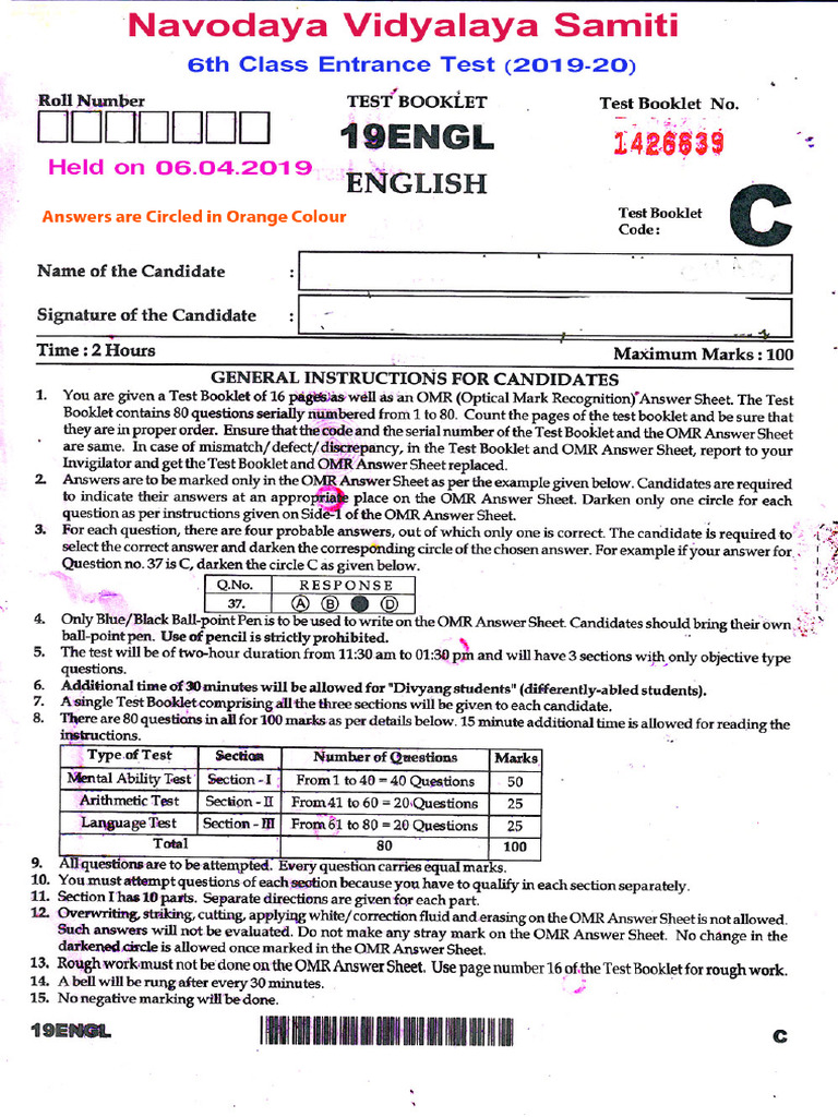 5.navodaya Vidyalaya Question Paper 2019 Class 6 With Solutions PDF | PDF