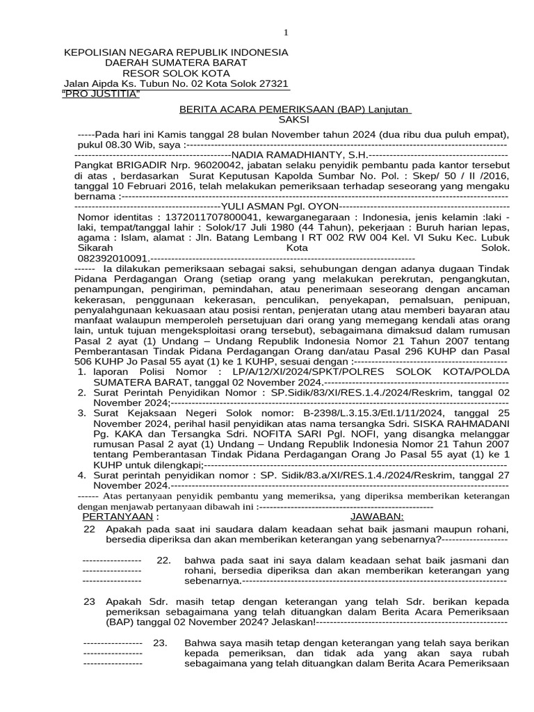 Bap Lanjutan Yuli Asman | PDF