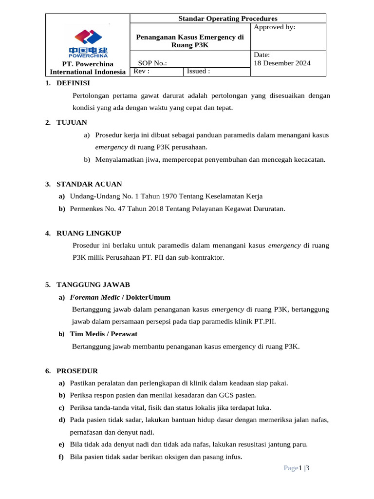 SOP Penanganan Kasus Emergency P3K | PDF