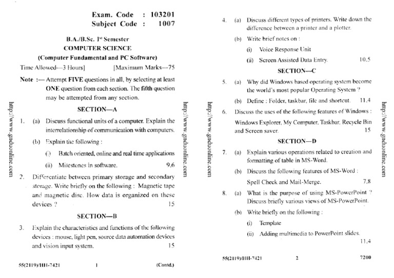 Ba BSC 1 Sem Cs Computer Fundamental and PC Software 1007 Dec 2019 | PDF