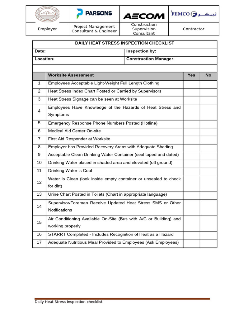 Daily Heat Stress Inspection Checklist | PDF