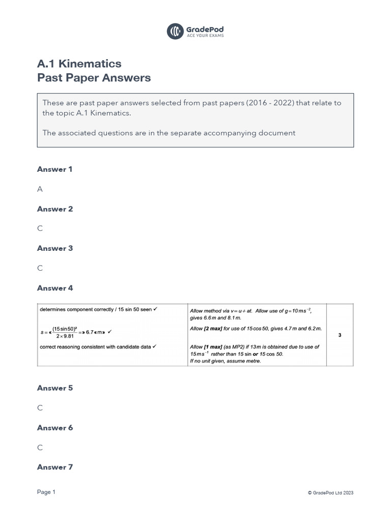 A1 Past Paper Answers | PDF