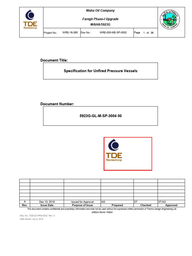 5923G-GL-M-SP-3004 00 RevA - Specification For Unfired Pressure Vessels | PDF