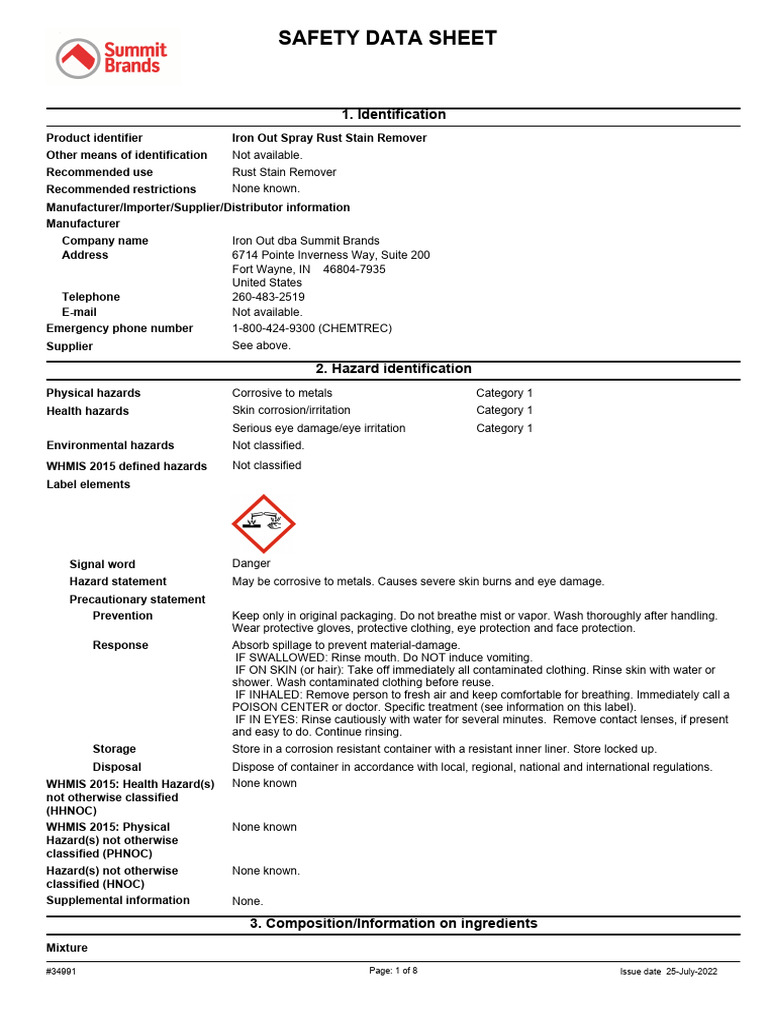 SDS US - CAN English Iron Out Spray Rust Stain Remover 2022 | PDF ...