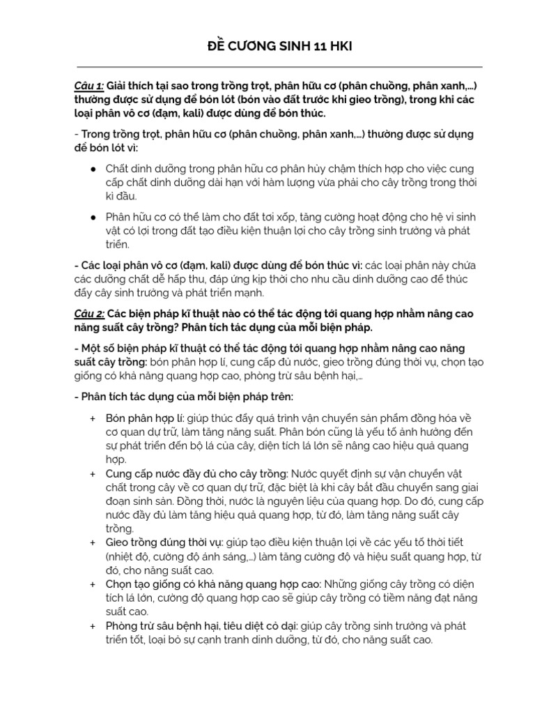 ĐỀ CƯƠNG SINH 11 HKI tự luận (1) | PDF